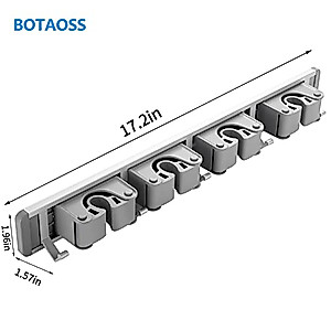 BOTAOSS Mop and Broom Holder Wall Mount Garden Tool Organizer, Closet Storage, Kitchen Rack, Home Organization and Garage Organizer(4 Positions with 5 Hooks, Grey) (Grey)