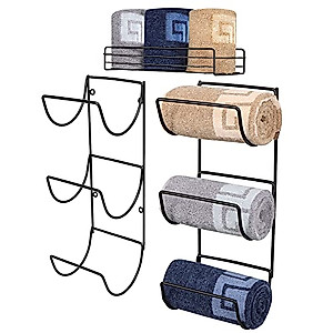 NearMoon Towel Rack Wall Mounted- All Metal Bathroom 2 Towel Rack Holders+ Hand Towel Storage Basket, Rustproof 3 Level Wine Rack Storage Organizer for Hand Towels, Washcloths, 2+1 Pack (Matte Black)