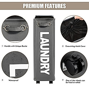 DOKEHOM Slim Laundry Basket with Handle on Wheels, Foldable Corner Storage Bins, Collapsible Rolling Laundry Hamper (Grey, Slim)