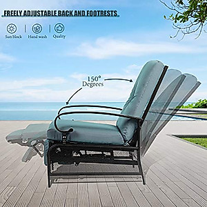 Oakcloud Adjustable Outdoor Lounge Chair Metal Patio Relaxing Recliner Chair Set with Bistro Table and Removable Cushions(Peacock Blue)