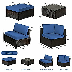 LUKEO 6PCS Outdoor Patio Rattan Furniture Set Cushioned Sectional Sofa Navy for Your Garden, Balcony and Poolside