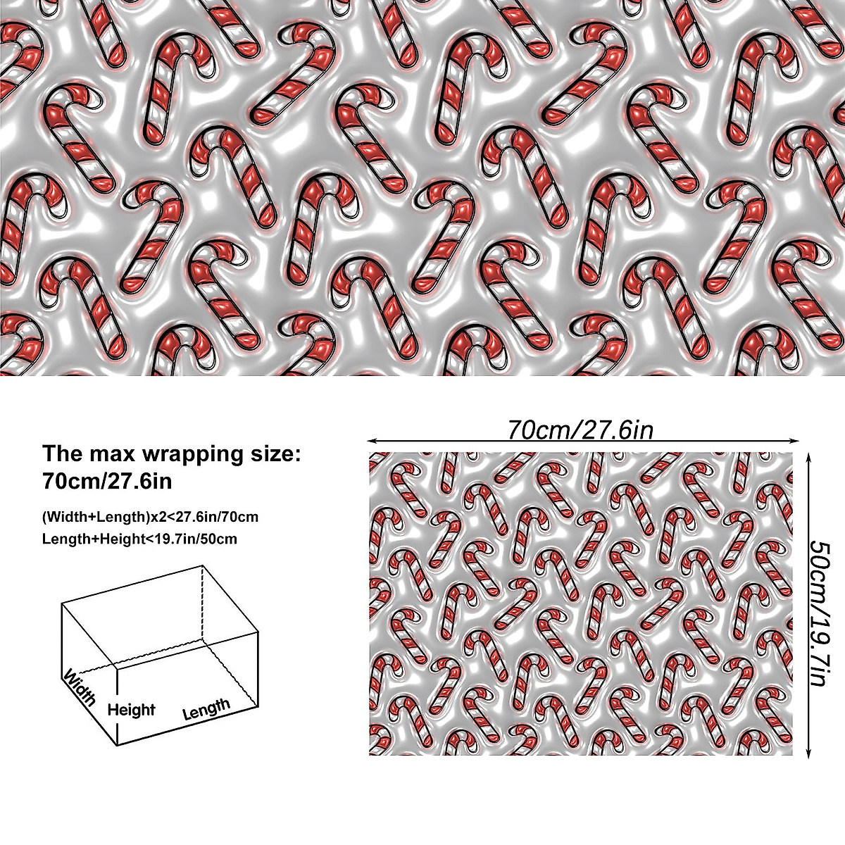 Dtiafu 3D Inflated Puff Candy Cane Wrapping Paper - Metallic Sliver Christmas Decoration - 6 Pcs Gift Wrapping Paper for Xmas Holiday