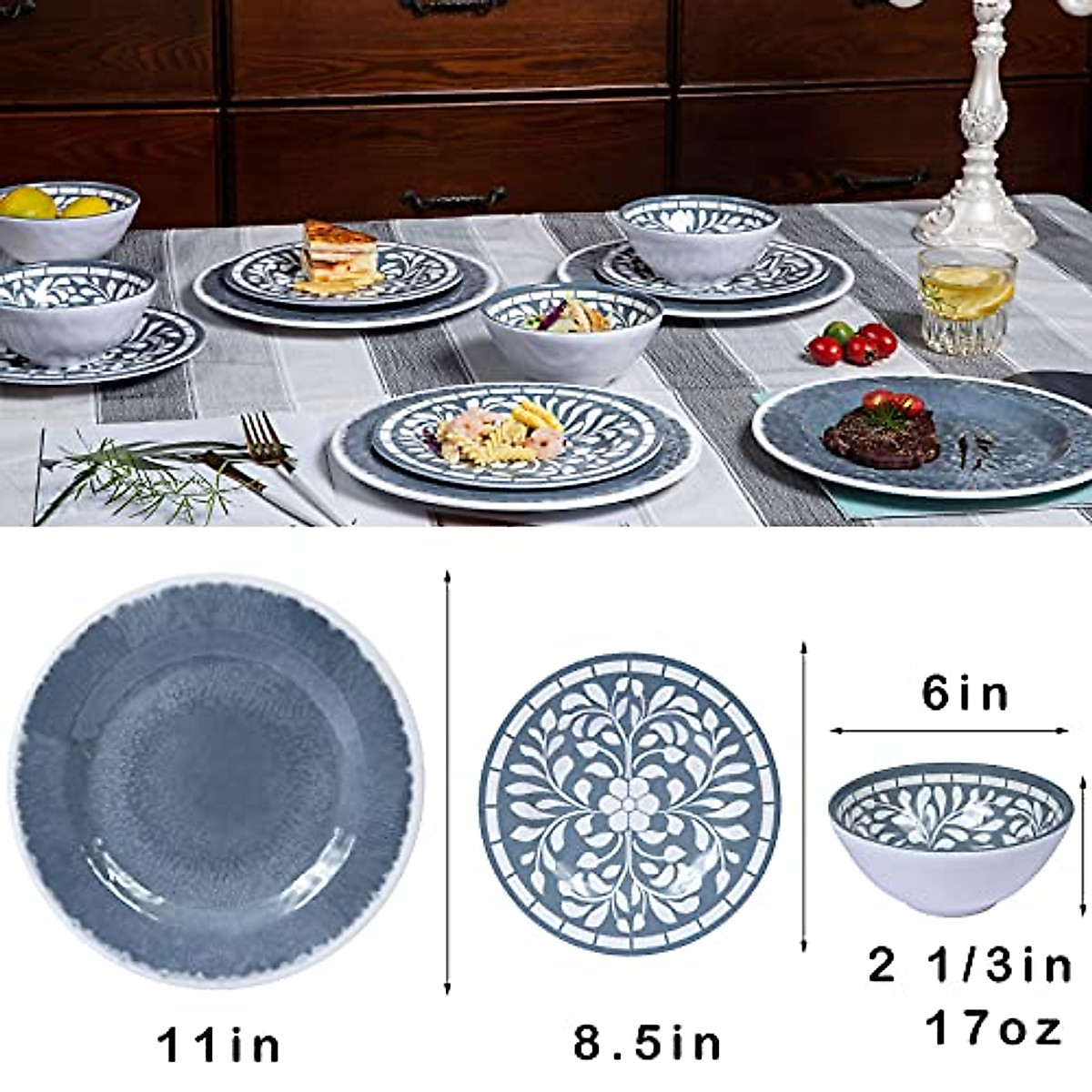 Yinshine Melamine Dinnerware Sets - Melamine Plates and Bowls Set for Daily use, Camping RVing Dishes Set, Grey