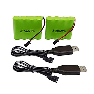 Blomiky 2 Pack 4.8V 2200mAH AA NiMH Rechargeable Battery with SM-2P Plug and USB Charger Cable for SY-E511 RC Excavator RC Truck Toy 4.8V 2200mAh NiMH Battery 2