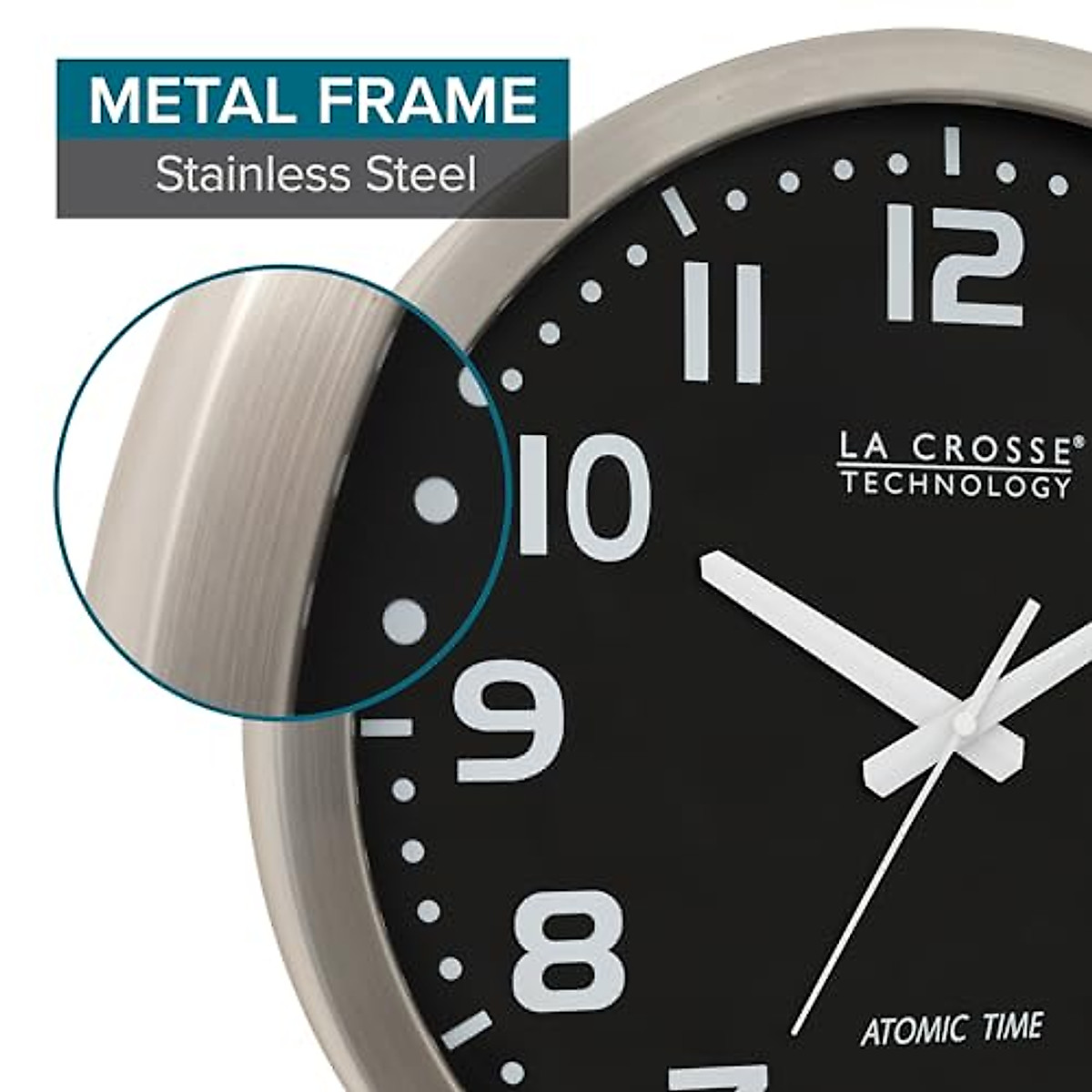 La Crosse Technology WT-3161BK 16 Inch Stainless Steel Atomic Clock, Analog, Silver