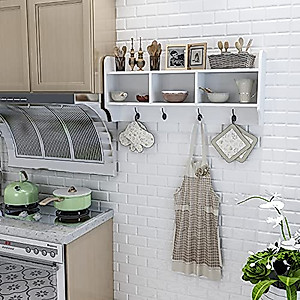 Comfortable Home Wall Mounted Shelf with Hooks, Hanging Entryway Organizer Shelf with 3 Cubic Storage Cabinets, Wall Mount Coat Rack with 4 Dual Hooks, Hanging Coffee Bar Shelf (White)