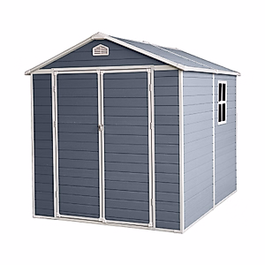 GLANZEND 8x6FT Resin Outdoor Storage Shed with Floor Foundation, Outside Garden Tool House with Side Window and Air Vent, Plastic Strong Structure for Patio Lawn, Garbage Chamber