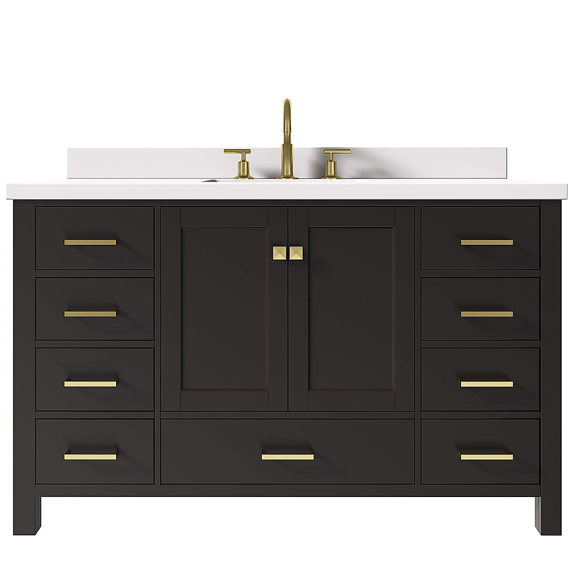 ARIEL 55" Espresso Bathroom Vanity with 1.5" Edge Pure White Quartz Countertop & Backsplash, Center Rectangular Sink, 2 Soft Closing Doors, 9 Full Extension Dovetail Drawers, Satin Brass