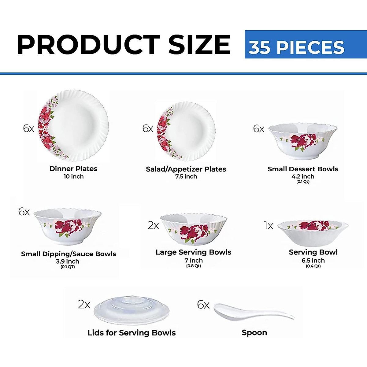 Borosil Gourmet Dinnerware Set For 6, 35 Pieces, White Dinner Plates and Bowls , Chip Resistant Tempered Opal Glass, Stain Resistant, Dishwasher & Microwave Safe Dinner Set For Gifting, Serves 6