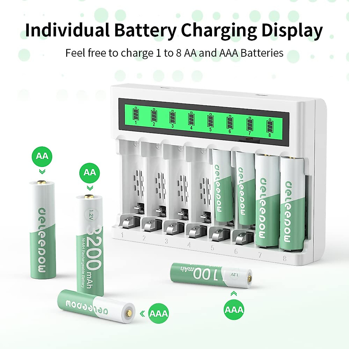 Deleepow 1100mAh Ni-MH AAA Rechargeable Batteries High Capacity 8 Pack AAA Batteries and 8-Bay AA AAA Individual Rechargeable Battery Charger