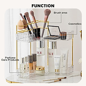 FUYOTILY 2-Tier Bathroom Counter Organizer, Multi-Purpose Makeup Organizer Countertop, Large Skincare Organizers, Exquisite Vanity Organizer with Makeup Brush Holder (Clear)