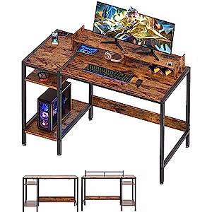 MINOSYS Computer Desk - 39” Gaming Desk, Home Office Desk with Storage, Small Desk with Monitor Stand, Rustic Writing Desk for 2 Monitors, Adjustable Storage Space, Modern Design Corner Table.