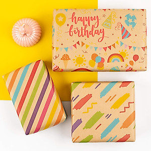 RUSPEPA Wrapping Paper Rolls with Tags and Jute String - Mini Roll - 17 inches x 10 feet per Roll, Total of 3 Rolls, Birthday