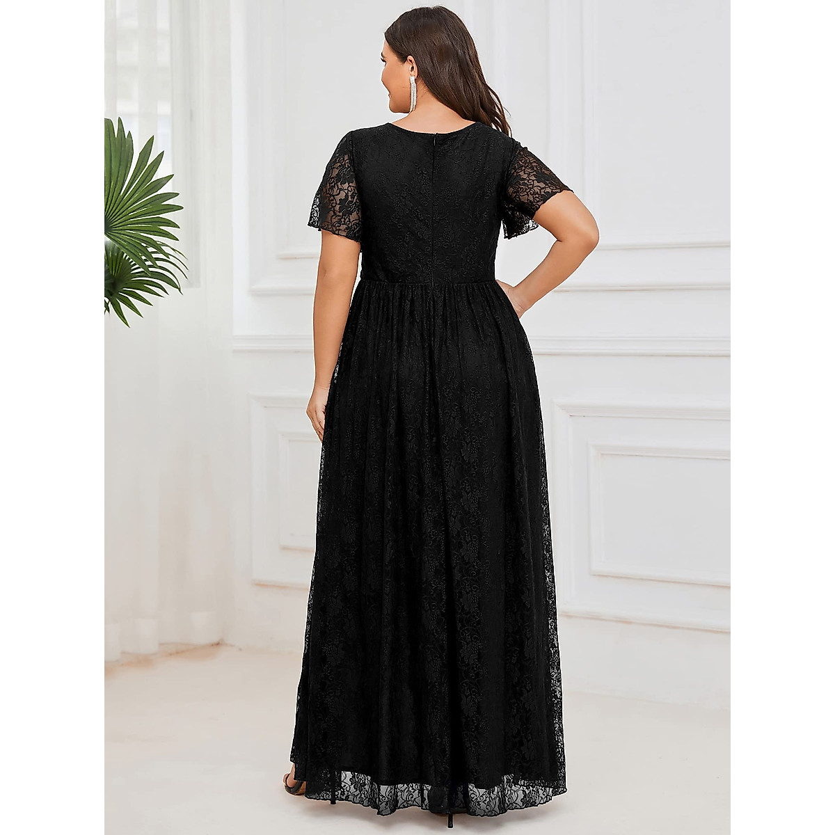 Ever-Pretty Plus Women's V Neck Ruffles Sleeves Pleated Lace Summer Plus Size Semi Formal Dress for Curvy Women Black US20