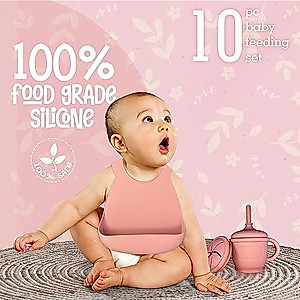 Silicone Baby Feeding Set, Baby Led Weaning Supplies with Suction Bowls for Baby, Toddler Self Feeding Dish Set with Silicone Silverware for Babies Sippy Cup, Feeding Supplies for 6+ Months(Pink)