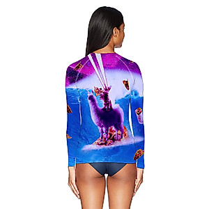O2TEE Women's Mixed Print Cat Donut Long Sleeve Swim Tee Rash Guard Coverup,Medium