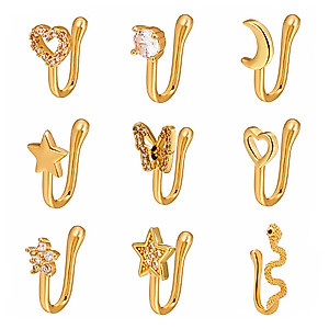 Sither 9 pieces Nose Rings Cuff for Women and Men Faux Nose Rings Clip Non Piercing Fake Nose Rings Pack Body Piercing Jewelry for Gift (gold)