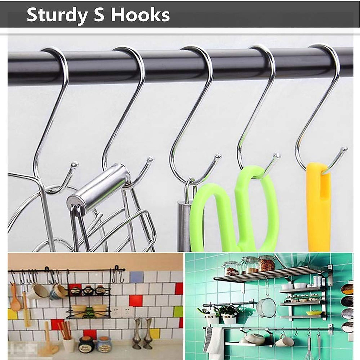 Soqool 3.5Inch Heavy Duty S Hooks 12PCS Stainless Steel Hook for Hanging Double Sided Utility Hook for Shower Curtain Rod,Closet S Hooks,Kitchen Hanging Hook