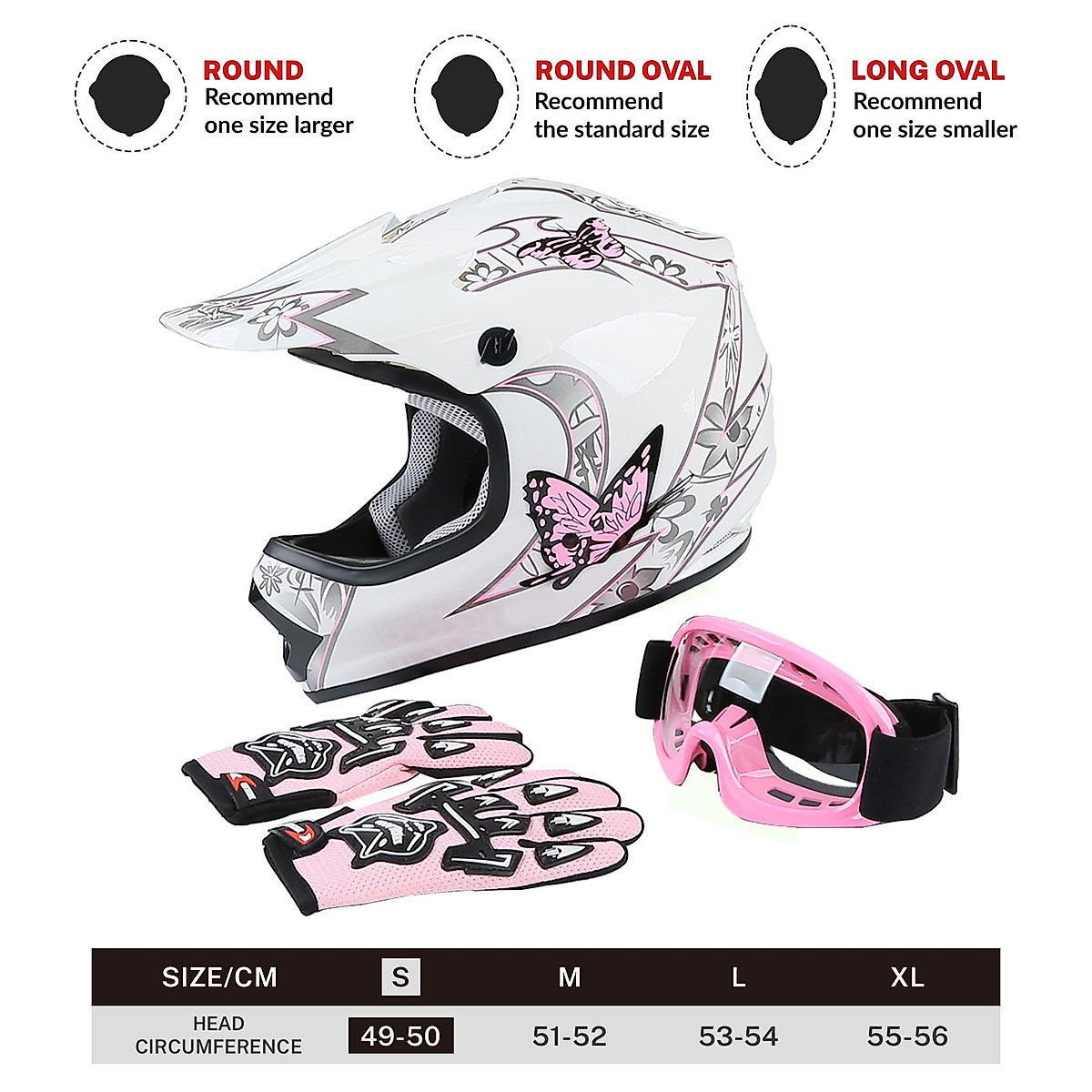 SLMOTO Dot Youth Kids Helmet Motocross Offroad Street Helmet Motorcycle Helmet Dirt Bike Motocross ATV Pink Butterfly Design Helmet+Goggles+Gloves
