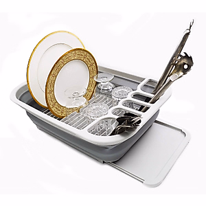 SAMMART 12L (3.17 Gallon) Collapsible Dish Drainer with Drainer Board - Foldable Drying Rack Set - Portable Dinnerware Organizer - Space Saving (Grey)
