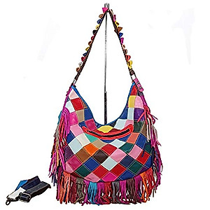 Segater® Women’s Full Sheepskin Hobo Bag Multicolour Patchwork Shoulder Bag 3D Leaf Pattern Colorful Tassel Handbag Purses Multicoloured