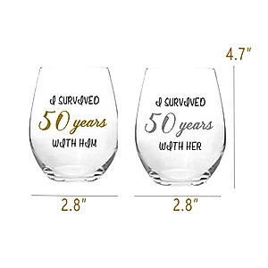 Auch 50th Anniversary Present for Parents, 50th Wedding Anniversary Glass for Spouse Couple, I Survived 50 Years With Him Her