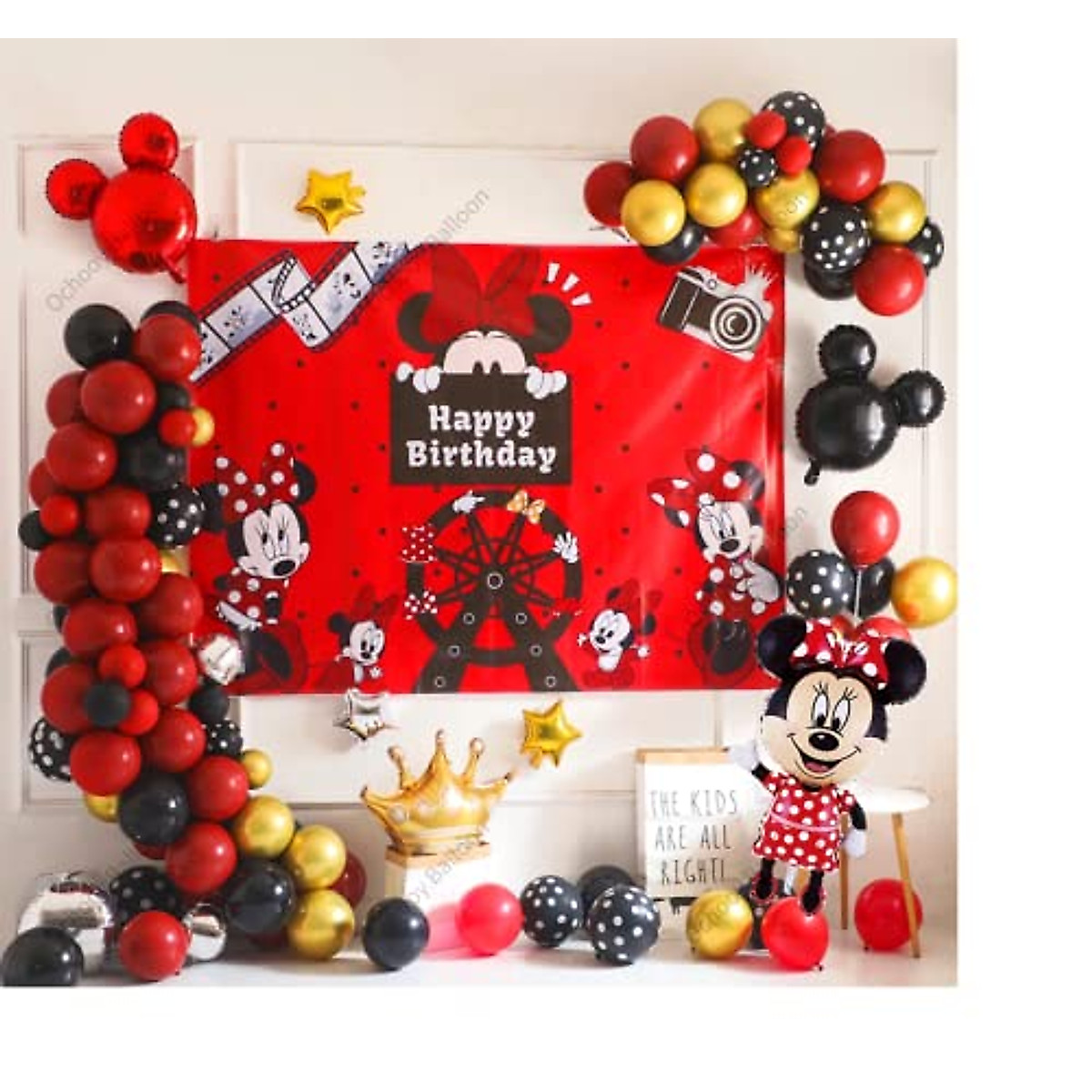Red Mini Mouse Birthday Party Decorations, Minnie Themed Party Supplies Set for Girls with Balloons Garland kit, Mini Mouse Photography Backdrop 7x5, Mini Mouse Foil Balloon