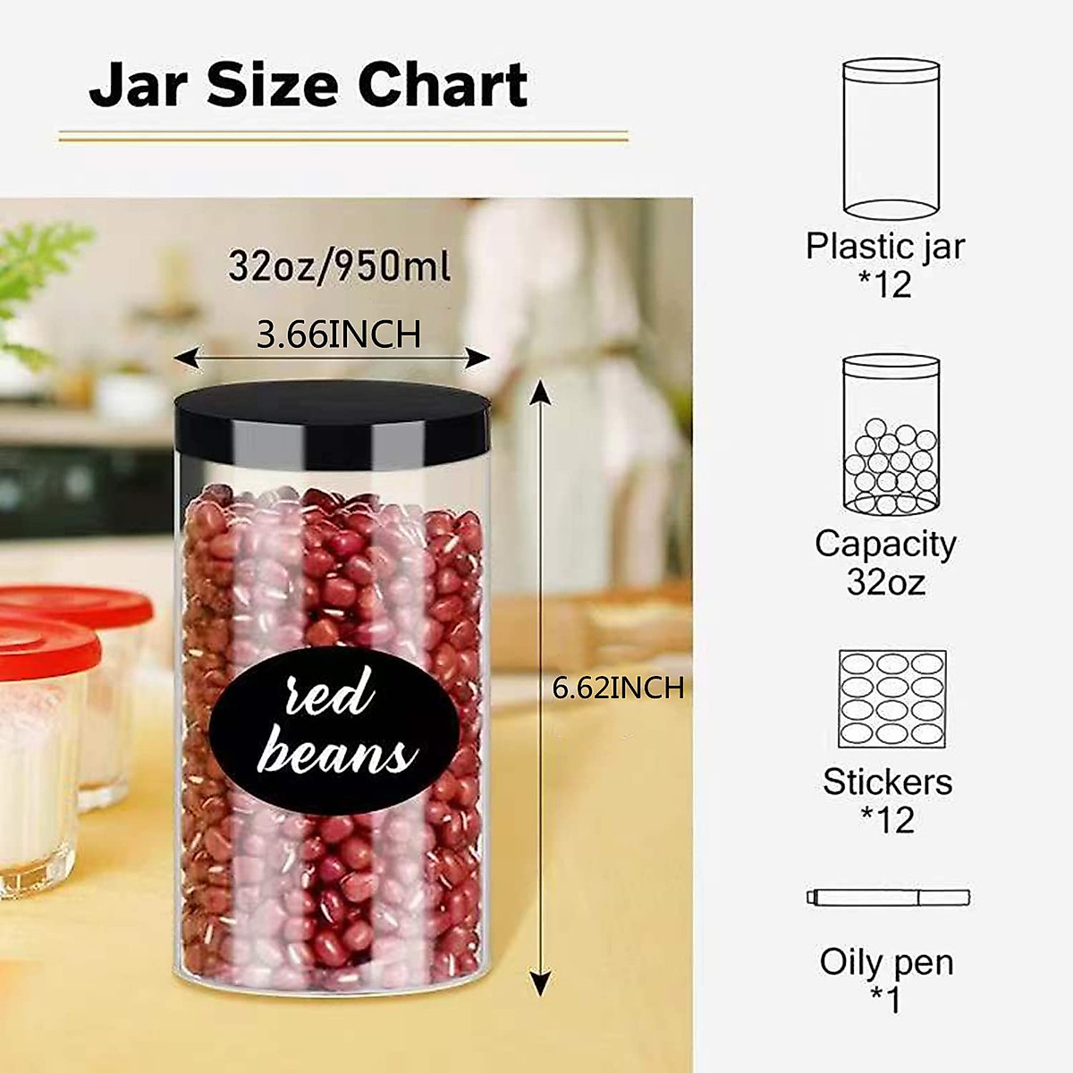 SLifeJars Clear Plastic Jars 32oz 12Pack Big Round PET Plastic Containers with Black Screw On Lids Reusable Empty Storage Jars with Lid Clear Containers for Household and Kitchen Organizing