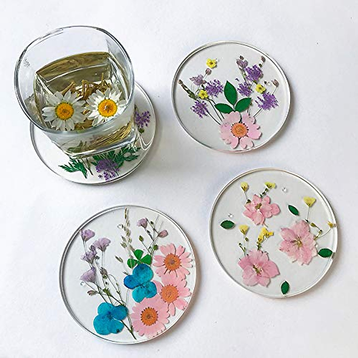 Drink Coasters Flower Cup Mat-Epoxy Resin Coasters with Colorful Natural Floral Reusable Round Kitchen Utensils for Dining Cups (Set of 4) (4, BD0001)