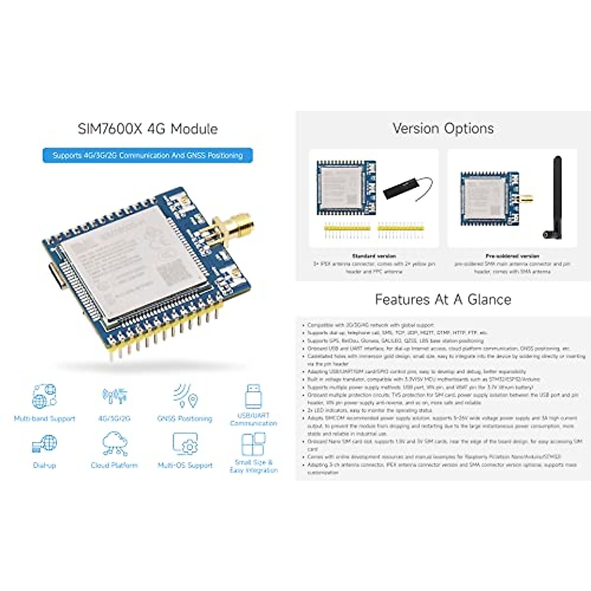 Waveshare SIM7600G-H 4G Communication Module, Compatible with Raspberry Pi 5/4B/3B/Zero/Zero W/Zero 2W/Pico/Pico W/Pico WH, Multi-Band Support, 4G/3G/2G, with GNSS Positioning-Standard Version