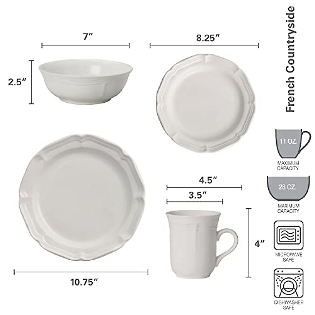 Mikasa French Countryside 16-Piece Dinnerware Set, Service for 4,White