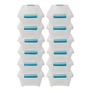 Doloni Storage Bin - 20 Liters - Plastic Storage Container Bin with Secure Lid and Latching Buckles, 12 PACK - Clear, Durable Stackable Nestable Organizing Tote Tub Box Toy General Organization Small