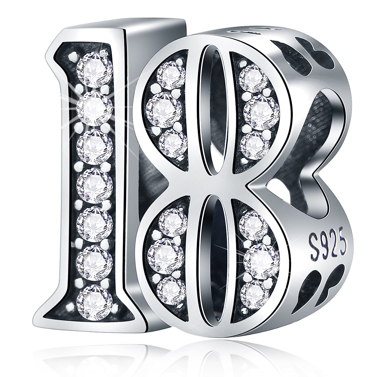 18 Birthday Charms fits Pandora Charm Bracelet, 925 Sterling Silver 18th Anniversary Beads with CZ Birthstones, Number 18 Year Old of Love Gifts for Sister/Girl/Boy