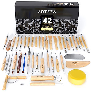 ARTEZA Pottery & Polymer Clay Tools, 42-Piece Sculpting Set, Steel Tip Tools with Wooden Handles, for Pottery Modeling, Smoothing, Carving & Ceramics