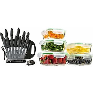 EatNeat Kitchen Knife Set with Cutting Board - EatNeat 5-Pack of Glass Food Storage Containers with Airtight Snap Locking Lids to Keep Food Fresh