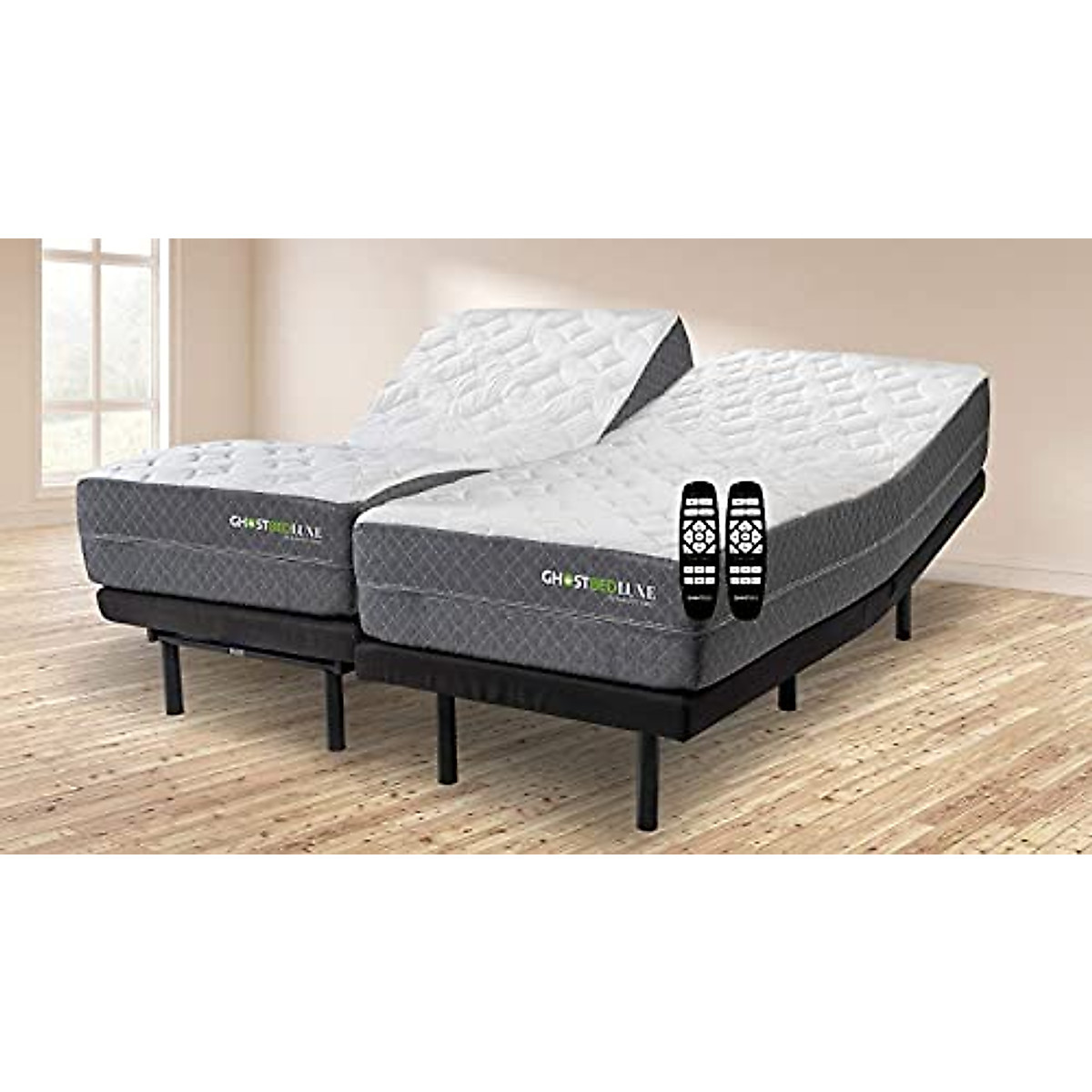 GhostBed Custom Adjustable Power Base Luxe 13" Cooling Gel Memory Foam Mattress (Split King)