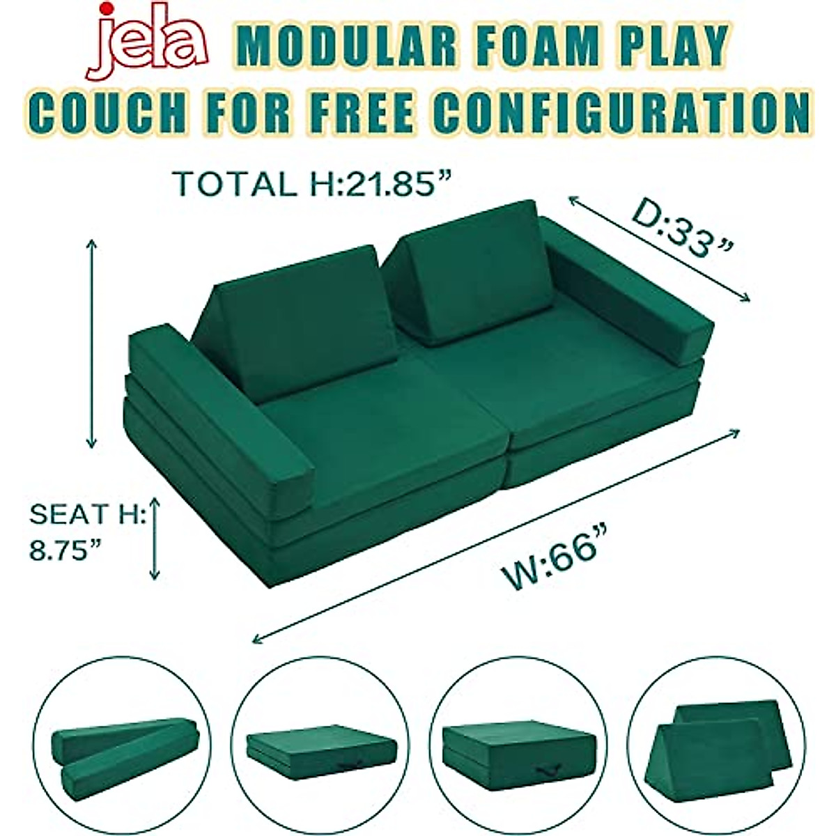 jela Kids Couch Extended Size 8PCS for Family, Floor Sofa Couch Modular Funiture for Kids Adults, Playhouse Play Set for Toddlers Babies, Modular Foam Play Couch Indoor 66" x 33" x 22" Green