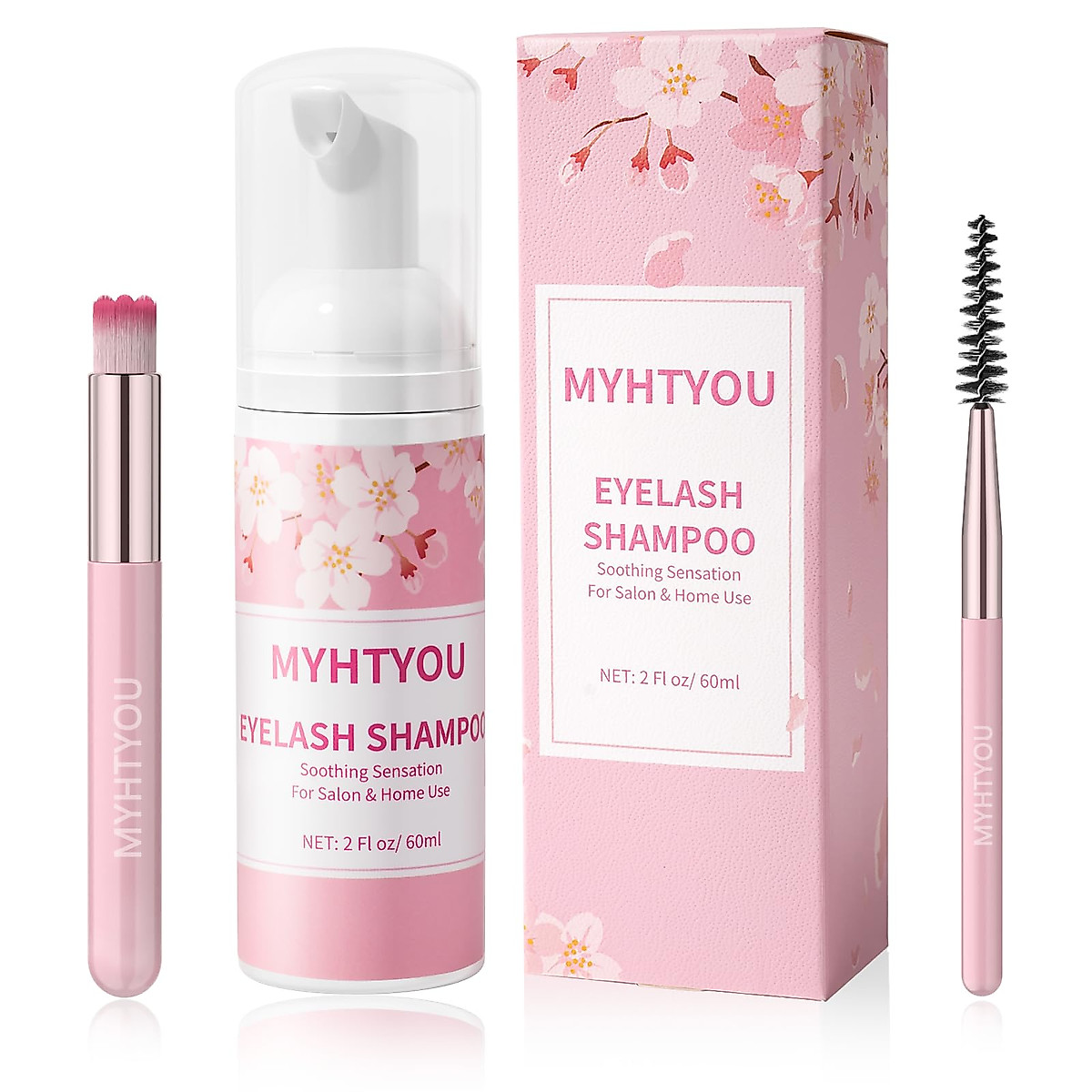 Eyelash Extension Cleanser, Upgraded Eyelash Extension Shampoo 60ML+Mascara Wand+Brush Eyelash Foam Cleanser For Extensions and Natural Lashes,Paraben & Sulfate Free, Salon and Home Use