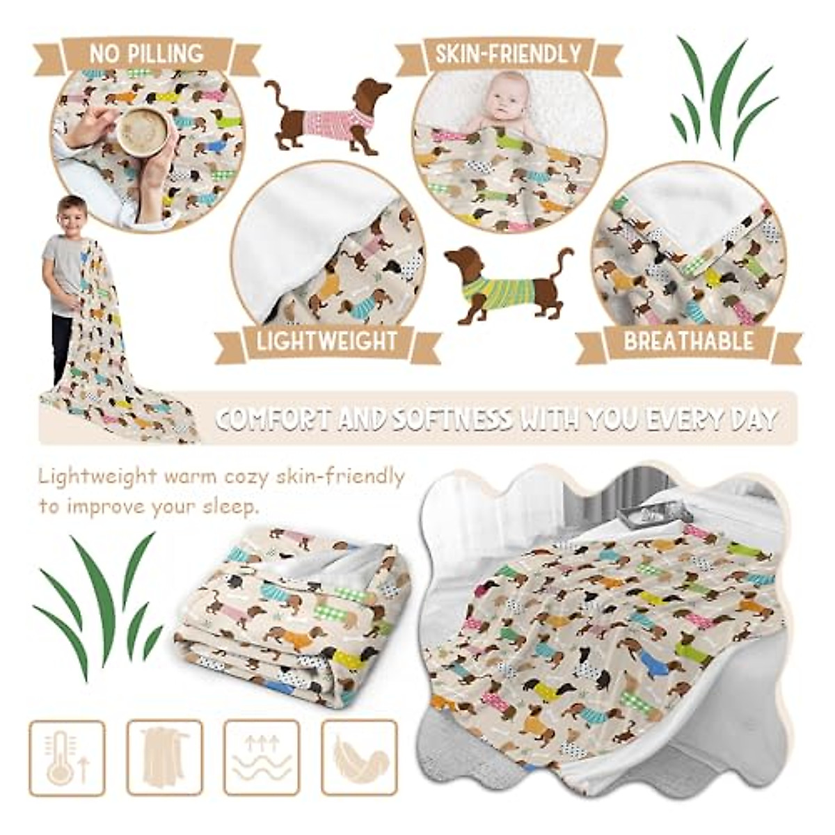 BUYYET Cute Dachshund Decor Fleece Flannel Animals Blanket Wiener Dog Dachshund Gifts Blanket for Women Lightweight Soft Cozy Throw Blanket for Bed Couch Travel Outdoor 40''x 50'' for Kids/Child