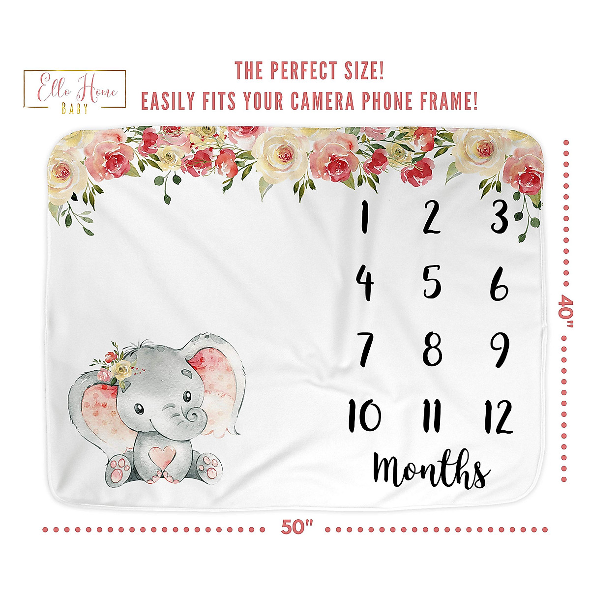 Elephant Baby Monthly Milestone Blanket with Head Bow, Floral Pink Newborn Month Blankets Girl, Track Months Photo Prop Growth Mat, Nursery Swaddling Wrap, Infant Photography (50"x40", Minky)