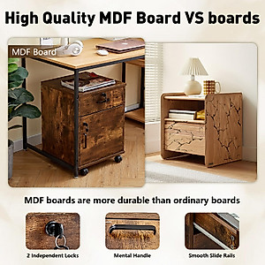 TUKAILAi Mobile File Cabinet with Lockable Drawer & Door, Under Desk Rolling Filing Cabinet with 4 Wheels, Wooden Stationery Storage Cabinet for Home Office (Rustic Brown)