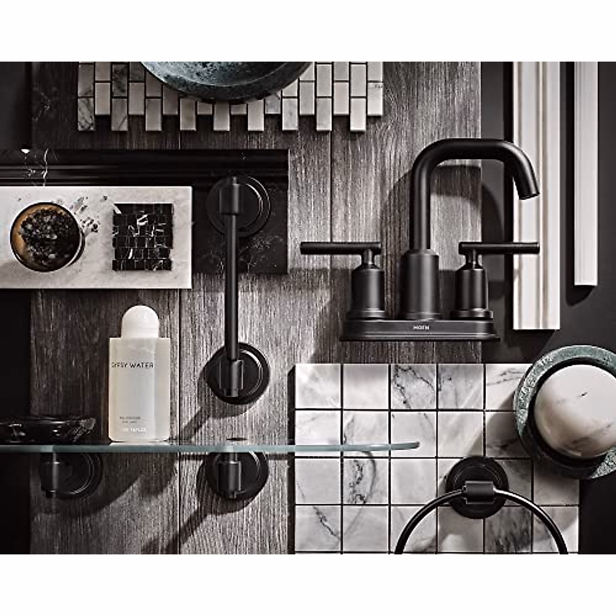 Moen Gibson Matte Black Two-Handle Centerset High Arc Modern Bathroom Faucet with Drain Assembly, Contemporary Black Sink Faucet for 3-Hole Countertops, 6150BL