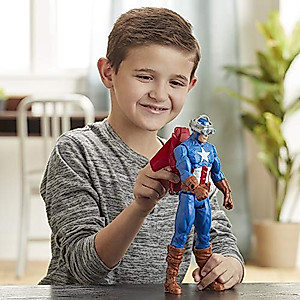 Avengers Marvel Titan Hero Series Blast Gear Captain America, 12-Inch Toy, with Launcher, 2 Accessories and Projectile, Ages 4 and Up , Blue