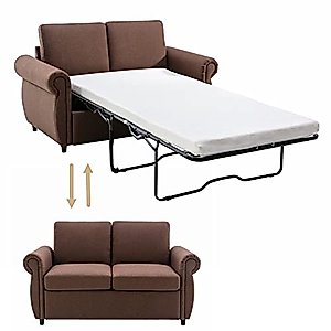 Gynsseh Loveseat Sleeper with Mattress, Breathable Linen Pull Out Couch with Memory Foam Mattress, 2-in-1 Convertible Loveseat Sleeper Pull Out Bed for Living Room Bedroom (S1-Brown)