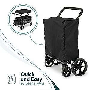 WONDERFOLD X4 Push & Pull Quad Stroller Wagon (4 Seater) Featuring Seats with 5-Point Harnesses, Adjustable Push Handle, and Adjustable/Removable UV-Protection Canopy, Stealth Black