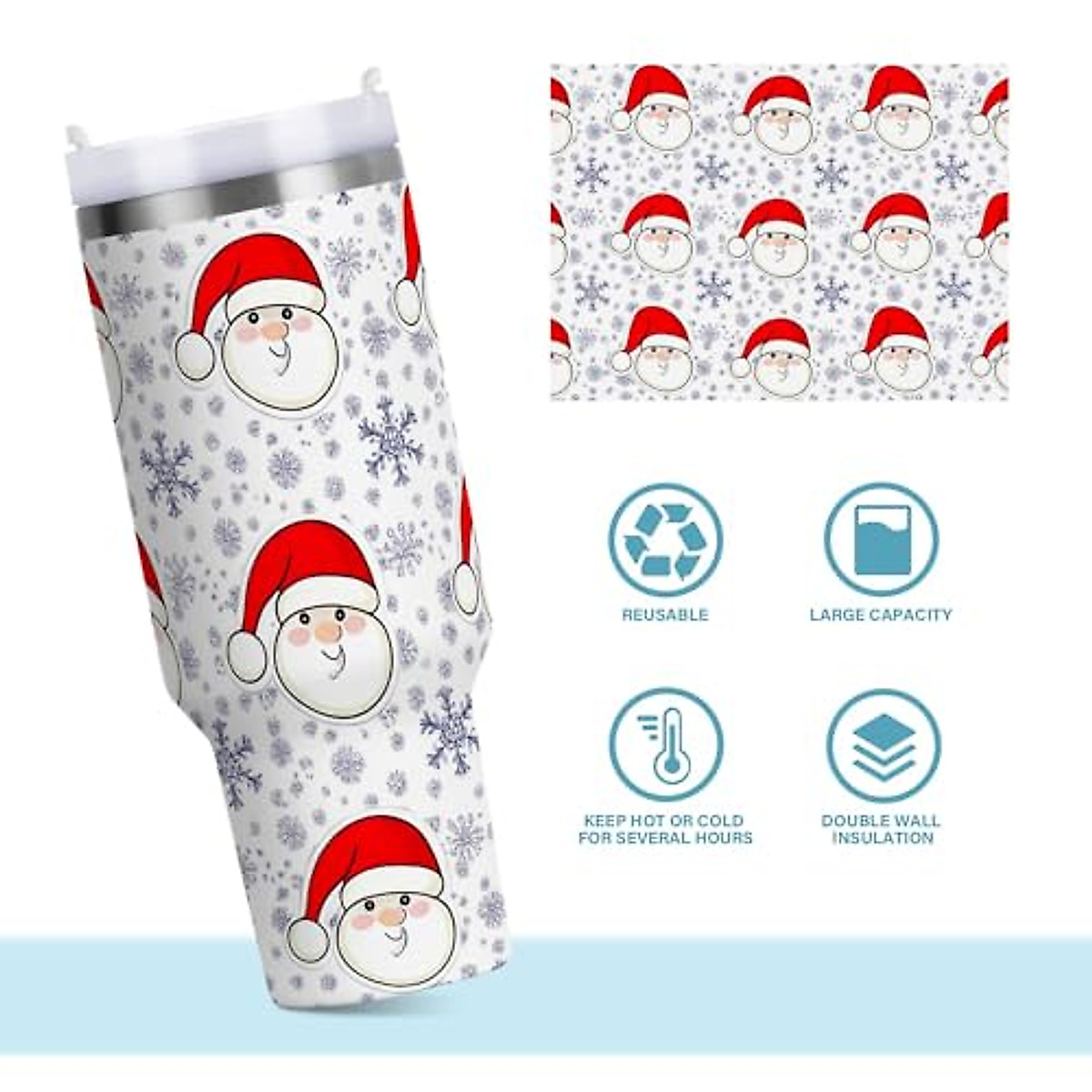 40 Oz Cute Christmas Santa Claus Insulated Water Bottle with Straw and Handle, Insulated Vacuum Tumbler Travel