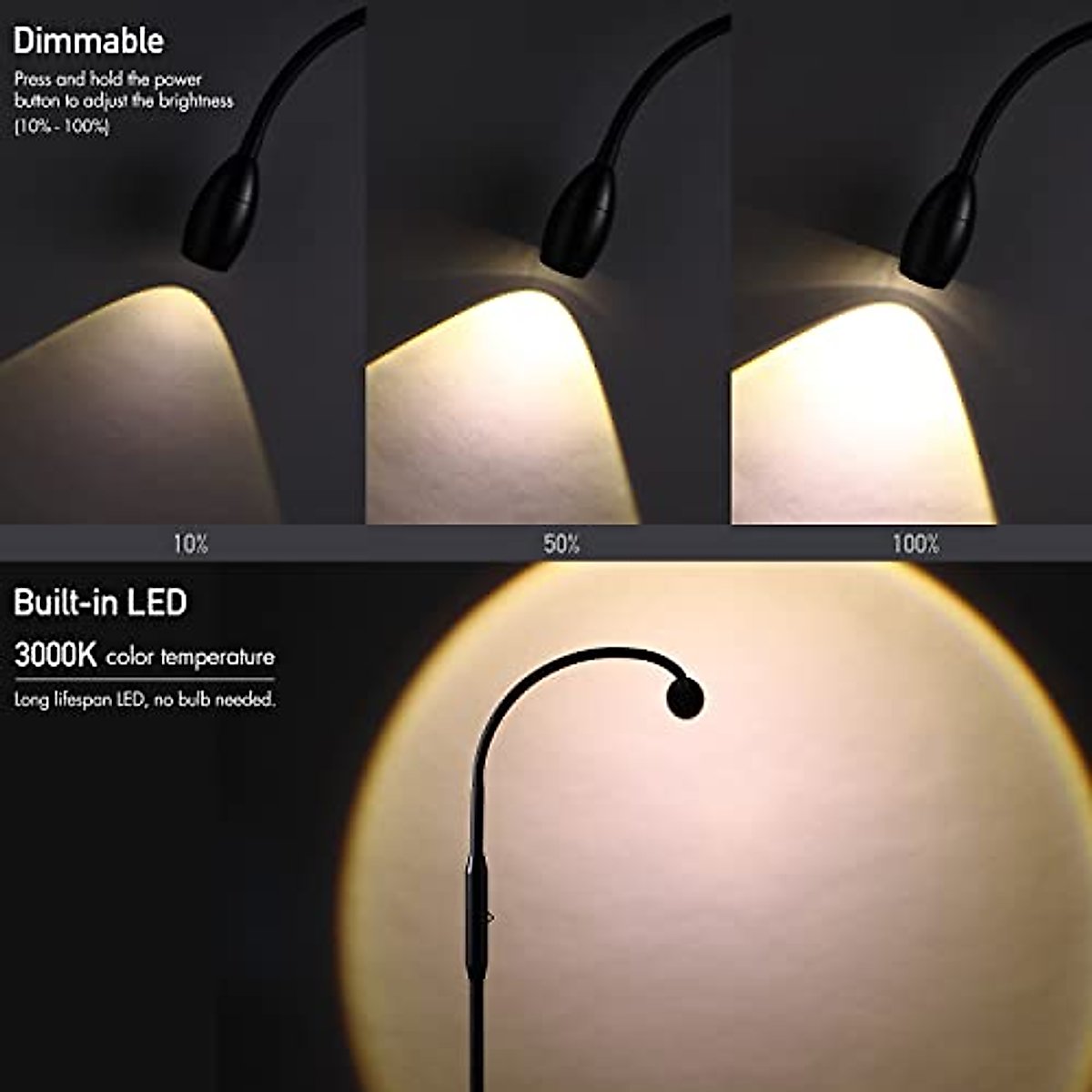 O’Bright Ray – Adjustable LED Beam Floor Lamp, Dimmable and Zoomable Spotlight, Flexible Gooseneck, Reading / Crafting Standing Lamp, Work Table Light, Matte Black