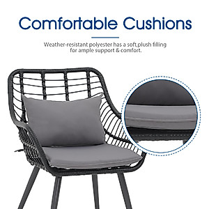 wOod-it 3 Piece Patio Set, Outdoor Wicker Conversation Chair Sets, All-Weather Rattan Bistro Furniture Set with Glass Top Table, Cushions & Lumbar Pillows for Porch Balcony Deck Backyard Poolside
