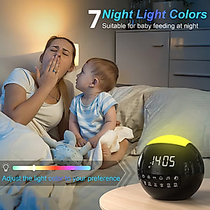 White Noise Machine with Alarm Clock for Bedrooms,Sound Machine for Sleeping with 42 Soothing Sounds,7 Night Light, Auto-Off Timer & Memory Function,Dimmer,Snooze,Digital Dual Alarm Clock for Kids