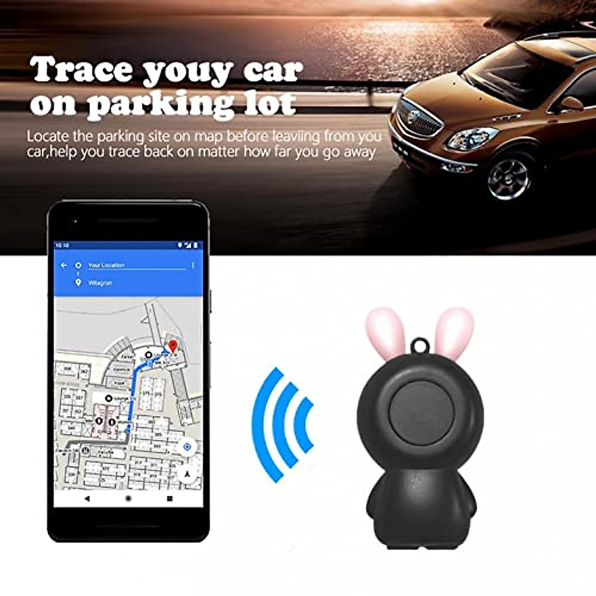 Portable Rabbit-Shape Locator Mini Anti-Loss Device Waterproof Bluetooth 5.0 Mobile Tracking Bluetooth GPS Locator for Pet Keychain Bag, Black, 1PC